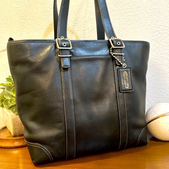 Coach | Bags | Vintage Coach Black Leather Xl Hampton Shopper ...